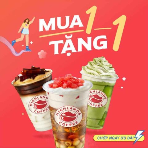 Mã giảm giá Highland mua 1 tặng 1, Ưu đãi Highlands giảm 40k
