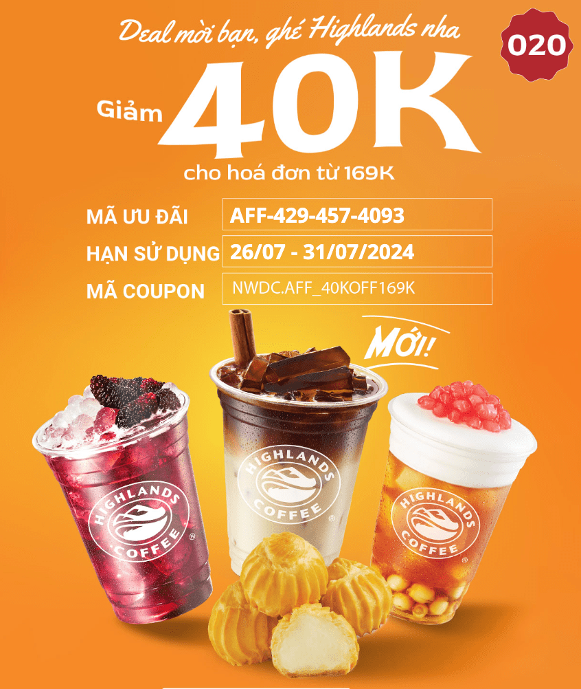 Mã giảm giá Highland mua 1 tặng 1, Ưu đãi Highlands giảm 40k